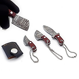 Afhzam Handmade Damascus Steel Knife Set Mini Chef Knives | HandForged EDC Knife Set Tiny Knife Cleaver for Package Opener Box Cutter | Keychain Small Knife 4-Piece Set with Sheath (Mini_KNF-1)