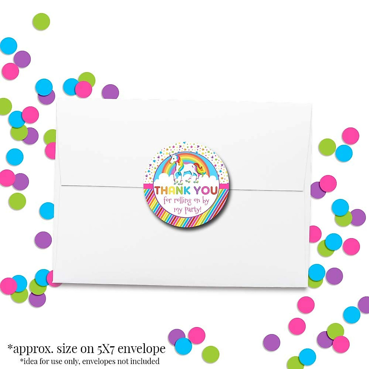 Rainbow Unicorn Roller Skating Themed Thank You Sticker Labels for Kids, 40 2" Party Circle Stickers by AmandaCreation, Great for Party Favors, Envelope Seals & Goodie Bags