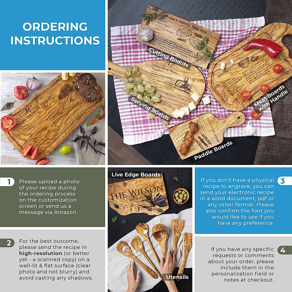 Forest Decor Olive Wood Recipe Cutting Board with Handle, Handcrafted Recipe Cutting Board, Custom Recipe Engraved Board, Perfect Handwriting Recipe Gift, Family Recipe, 12x6