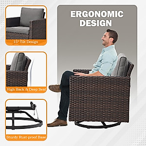 Artfurniz Patio Chairs Wicker Swivel Rocker - Oversize Patio Furniture Conversation Set Outdoor Swivel Glider 350LBS Max Load Outdoor Rocking Chairs with High Back for Porch Balcony Deck - Brown/Grey