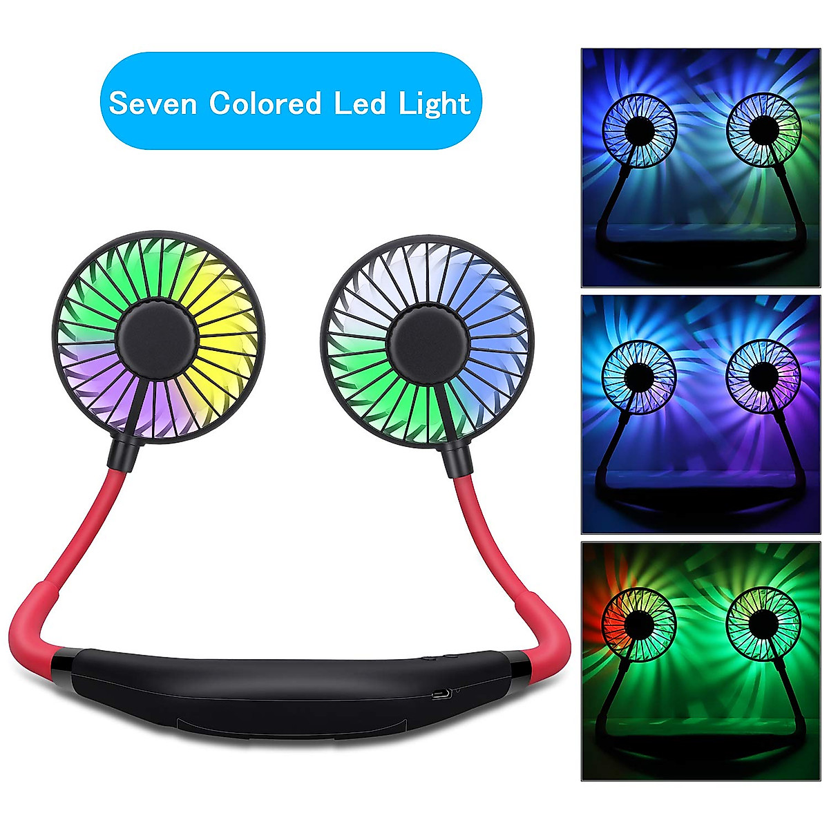 XINBAOHONG Neck Fan, Portable USB Rechargeable LED Fan Headphone Design Hand Free Personal Fan Wearable Cooler Fan with Dual Wind Head for Traveling Outdoor Office (Black)