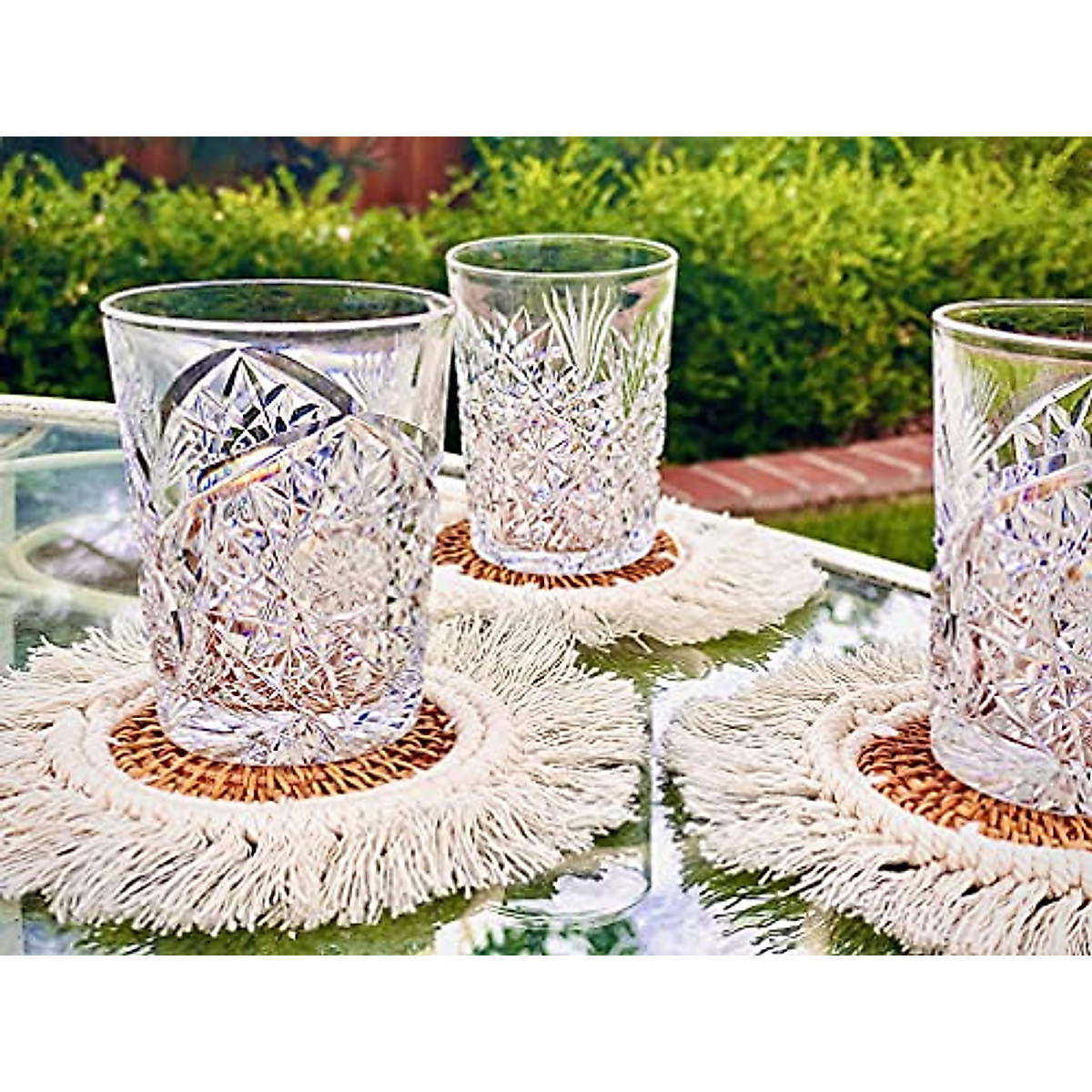 ConspiringUniverse Rattan Macrame Boho Coasters | Bohemian Set of 4 Table Decor Cute Coaster Woven with Flat Absorbent Center for Desk, White, Tan