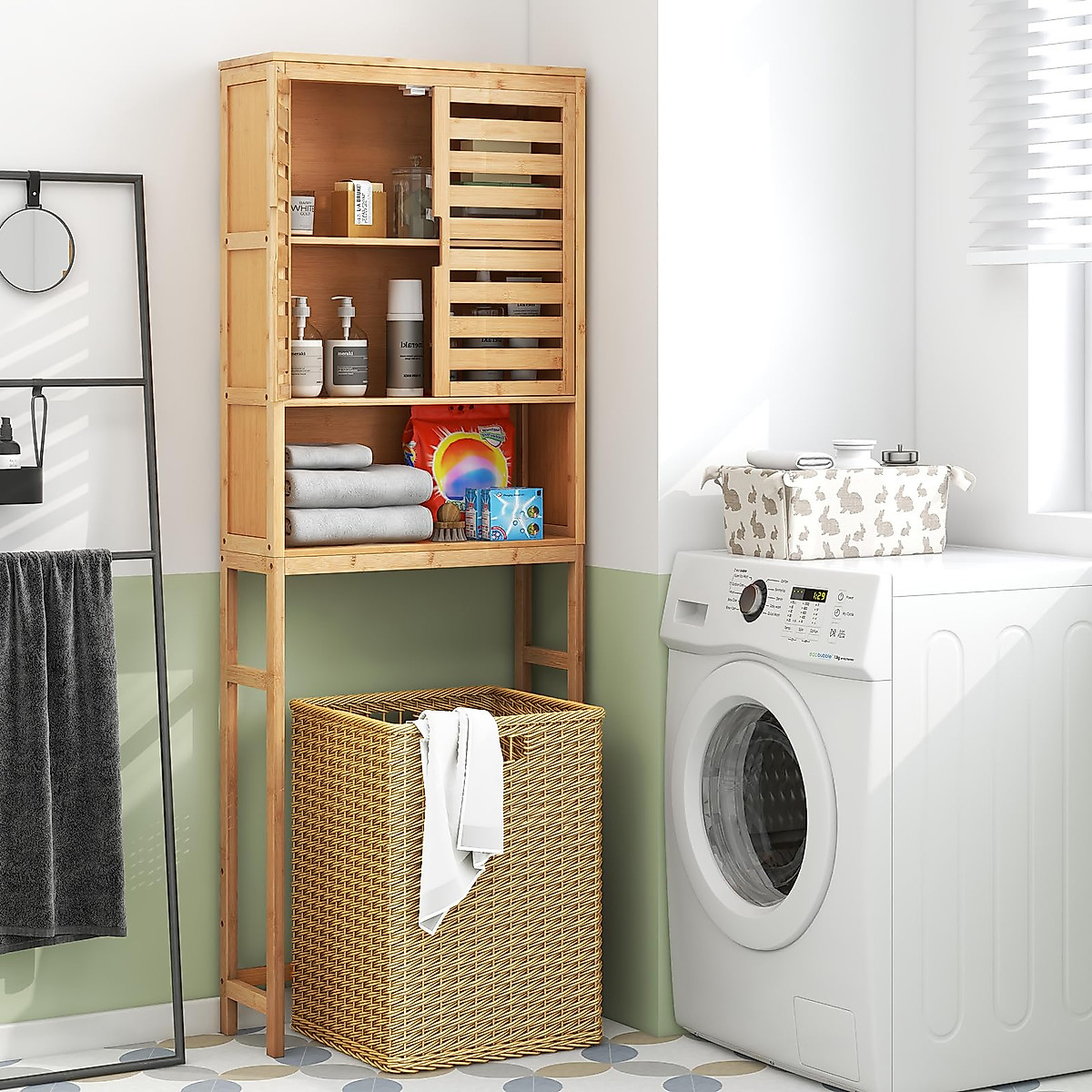 Tangkula Over The Toilet Storage Cabinet, Tall Natural Bamboo Bathroom Shelf Over Toilet with 2 Doors & Open Shelf, Freestanding Toilet Bathroom Space Saver, 24.5 x 9 x 67 Inch (Natural)