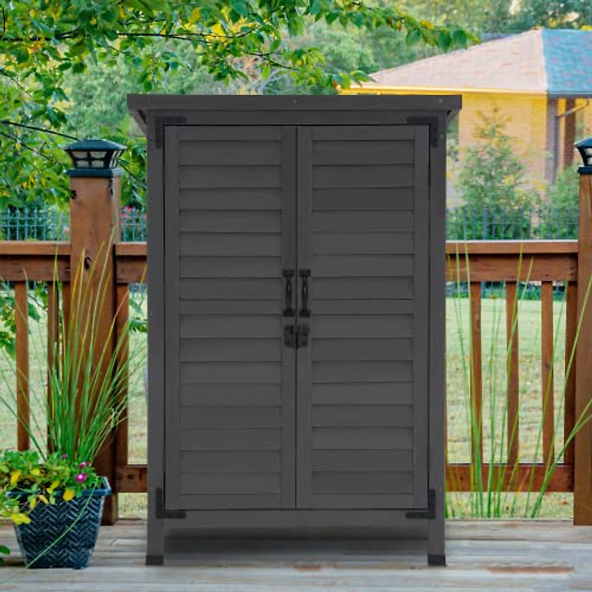 MCombo Outdoor Wood Storage Cabinet, Small Size Garden Wooden Tool Shed with Double Doors, Outside Tools Cabinet for Backyard (24.6”x 18.3”x38.2”) 0985 (Grey)