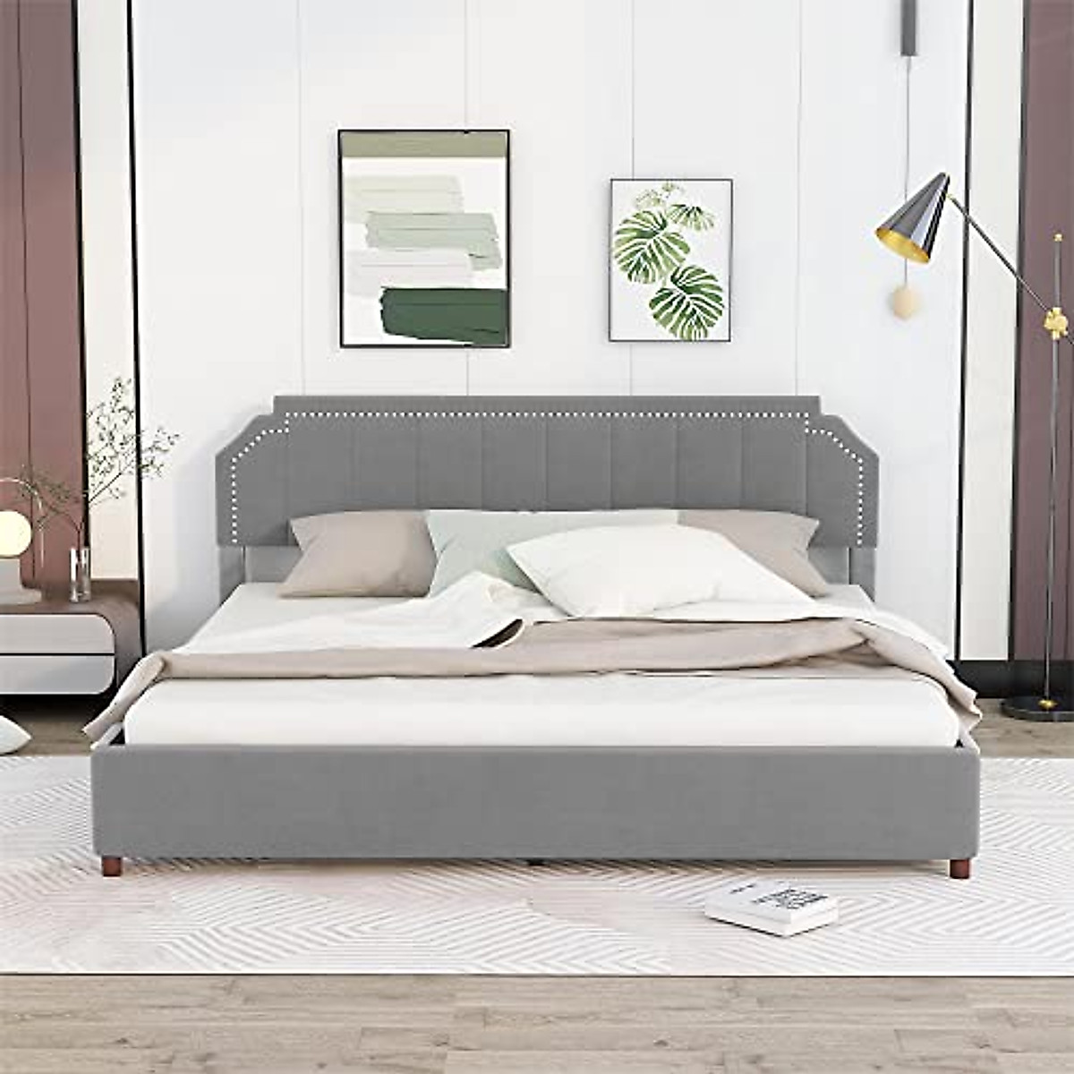 King Szie Storage Upholstered Platform Bed Set with 4 Storage Drawers and Headboard, Solid Wood Velvet Upholstery Platform Bed Bedframe with Storage for Kids Teens, Boys & Girls ,Gray Platform Bed
