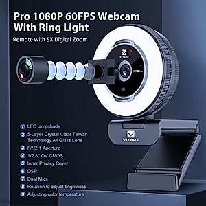 VITADE Zoomable Webcam with Remote Control, 1080P 60FPS Streaming Webcam with Adjustable Ring Light and Tripod, Pro USB 5X Digital Zoom Webcam for Zoom/Skype Teams/Laptop/Mac Windows