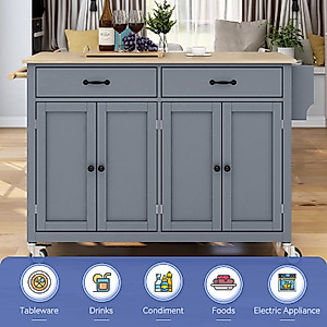 LETESA Rolling Mobile Kitchen Island 54.3'' with Solid Wood Top and 2 Locking Wheels, Adjustable Storage Shelves 4 Door Cabinet and Two Drawers Spice Rack, Towel Rack for Dining Room (Blue)