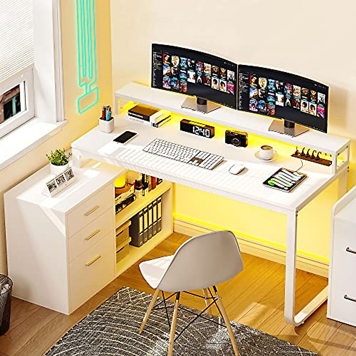 YITAHOME L Shaped Desk with Power Outlets & LED Lights & File Cabinet, 55" Corner Computer Desk with 3 Drawers and 2 Storage Shelves, Home Office Desk with Monitor Stand, White