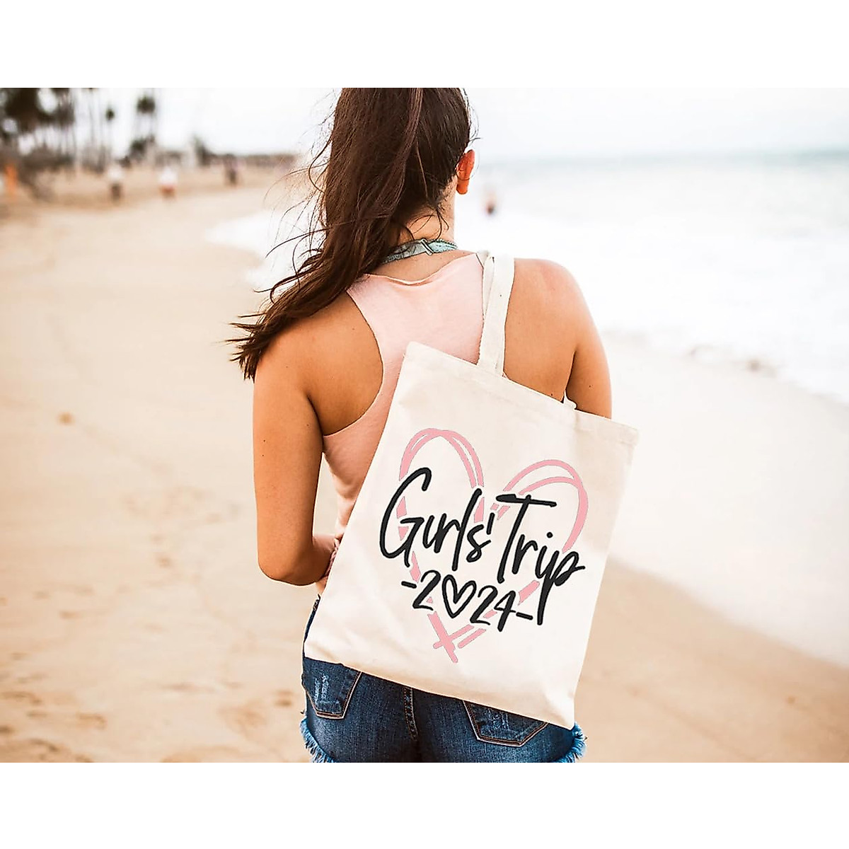 GXVUIS Canvas Tote Bag for Women Aesthetic Girls Trip Love 2024 Reusable Shoulder Bags for Shopping Beach Gift for Friend White