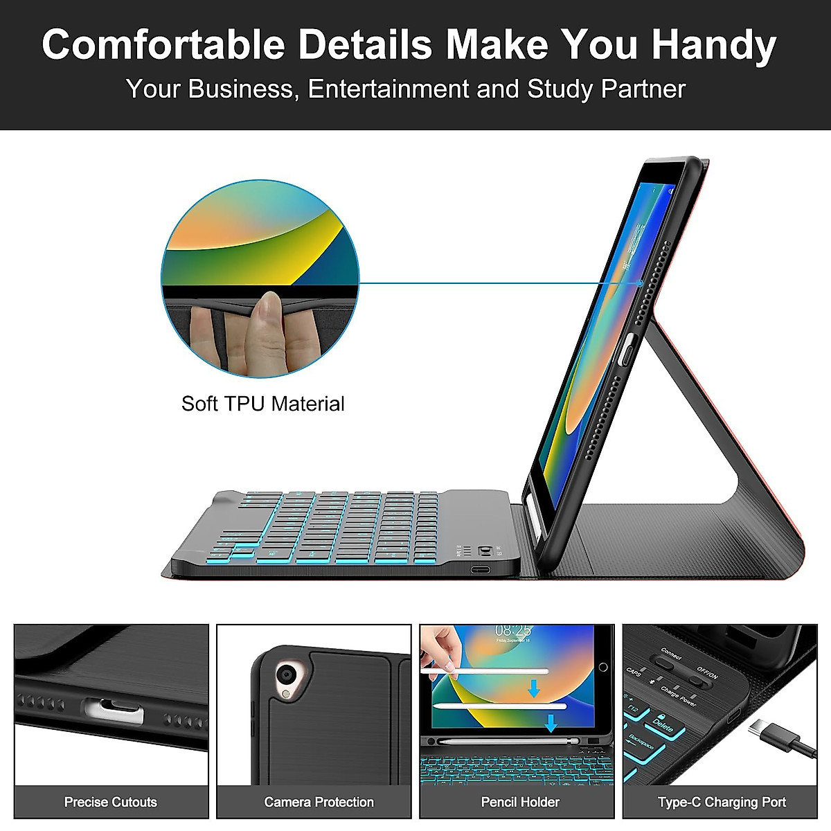 BORIYUAN iPad 10.2 inch Case with Keyboard, Detachable Bluetooth Keyboard with 7 Color Backlit, Slim Folio Smart Cover with Pencil Holder for iPad 9th/8th/7th Gen/iPad Pro 10.5"/iPad Air 3rd Gen Black