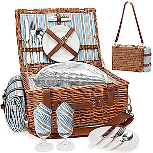 Picnic Cooler Basket Set for 2 Persons with Large Waterproof Picnic Blanket, Cutlery Service Kit and Adjustable Strap