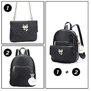 I IHAYNER Backpack Purse for Women, Girls Mini PU Leather Backpack Chain Shoulder Travel Bag with Detachable Handbags, 2 Pieces（Black）