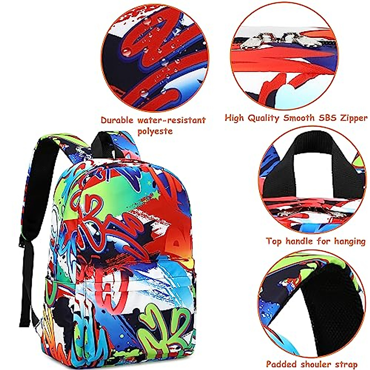 Bluboon School Backpack for Boys Teens Bookbag Travel Daypack Kids Girls Lunch Bag Pencil Case (Doodle-3pcs)