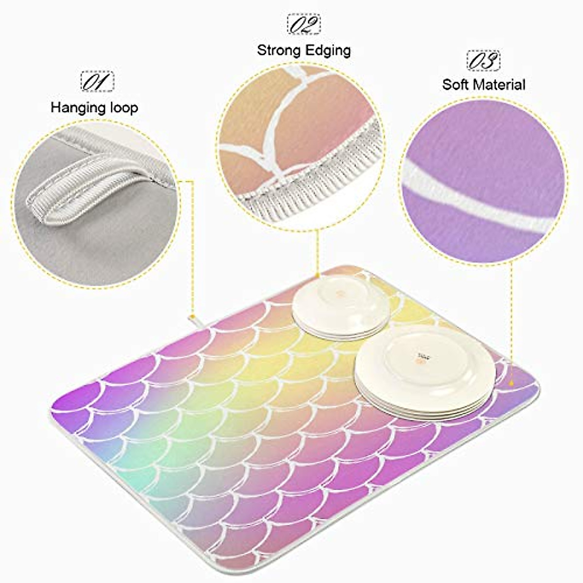 Sea Mermaid Scales Dish Drying Mat 24"x18" Absorbent Machine Washable Hanging Fast Dry Pad Dish Protective Mat for Kitchen Countertop Heat Resistant Dinner Table Mat