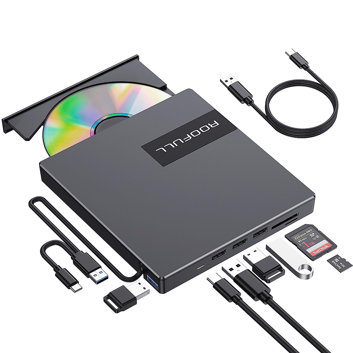 ROOFULL External CD DVD Drive USB 3.0 USB-C with 4*USB Ports and SD/TF Card Slot, Portable CD DVD Player Burner Optical Disc ROM/RW Reader Writer for Laptop PC Apple Mac Windows 11/10 Linux Computer