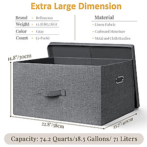 Bellzacasa Extra Large Collapsible Storage Bins with Lids, 3 Pack Linen Fabric Foldable Storage Bin Cube with 4 Handles, Storage Baskets Box for Home, Office, Closet, Gray, 22.8x15.7x11.8”