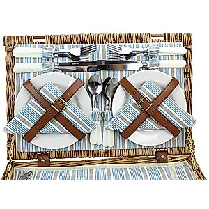 Wicker Picnic Basket Set for 4 Persons | Large Willow Hamper with Large Insulated Cooler Compartment, Free Waterproof Blanket and Cutlery Service Kit-Classical Brown