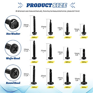 Glarks 420Pcs 410 Stainless Steel #8 TEK Screw Assortment Kit, 3 Styles Hex Washer Head & Modified Truss Head & Phillips Round Head Self Drilling Sheet Metal Screws, Length 5/8" to 1-1/4", Black