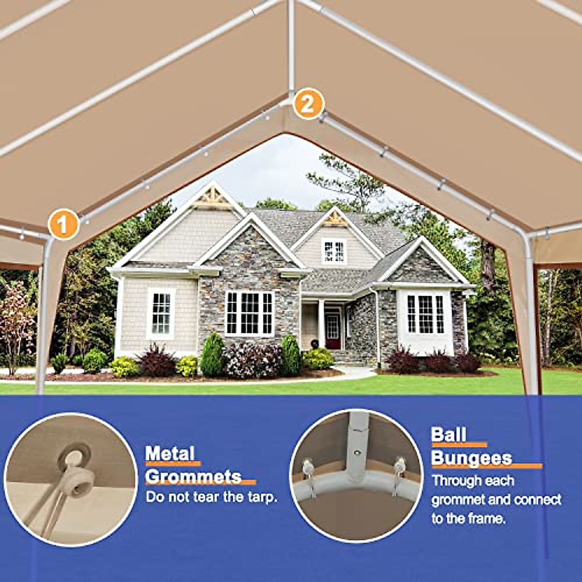 MARVOWARE 10x20 Car Canopy Replacement Carport Tarp Cover with Fabric Pole Skirts Ball Bungees for Tent Top Garage Boat Shelter(Only Tarp Cover) Carpas para Carros(Sólo Hule)