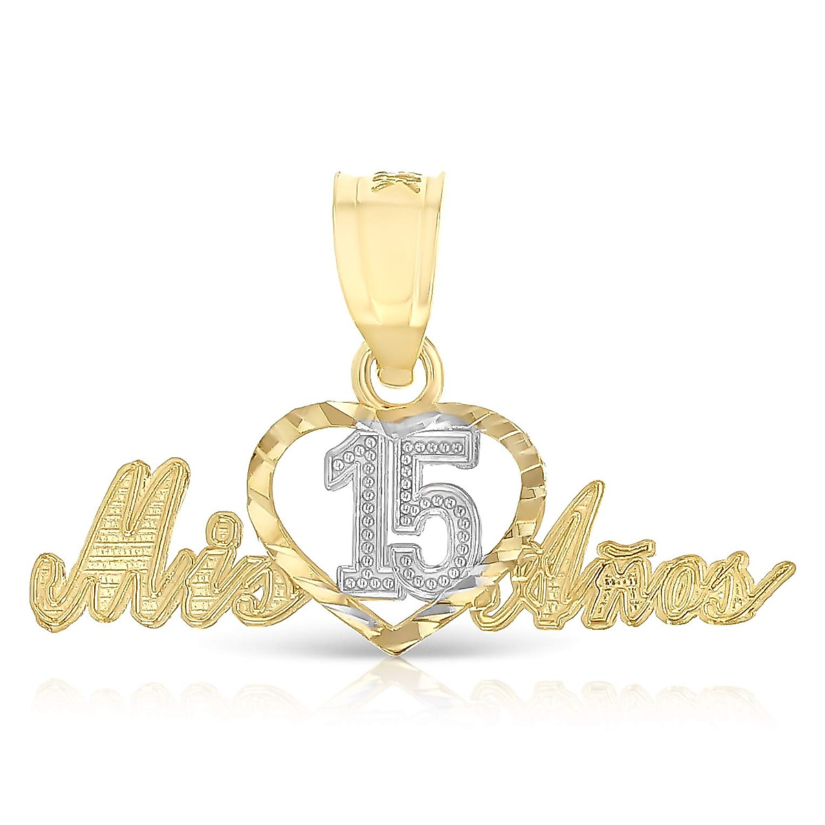 14K Two Tone Gold Sweet 15 Years Quinceanera Heart Mis 15 Anos Charm Pendant with 1.5mm Valentino Chain Necklace - 22"