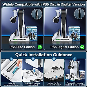 PS5 Stand with 3-Level Cooling Fan, PS5 Controller Charger with LED Light for Playstation 5 Controllers, PS5 Cooling Station PS5 Accessories incl. Headset Holder, HDD Slot