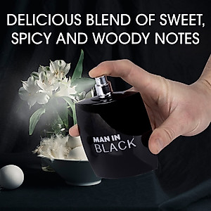 NovoGlow Man in Black for Men - Luxurious Aroma in Each 3.4 fl Oz Black Glass Bottle - Top Notes of Bergamot and Pineapple Formulated with Essential Oils - Fantastic Gift Choice - Grey Suede Pouch