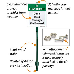 SmartSign 12 x 10 inch “Be Considerate - Don’t Walk Through The Flowers” LawnBoss Yard Sign with 3 foot Stake, 40 mil Laminated Rustproof Aluminum, Green, Black and White, Set of 1, Made in USA