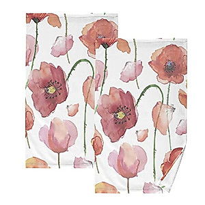 Selerdon Watercolor Poppy Flowers Hand Towel Cotton Soft Absorbent Bath Hand Towels Decor, Multipurpose for Kitchen, Hotel, Spa, Yoga, Gym, Set of 2