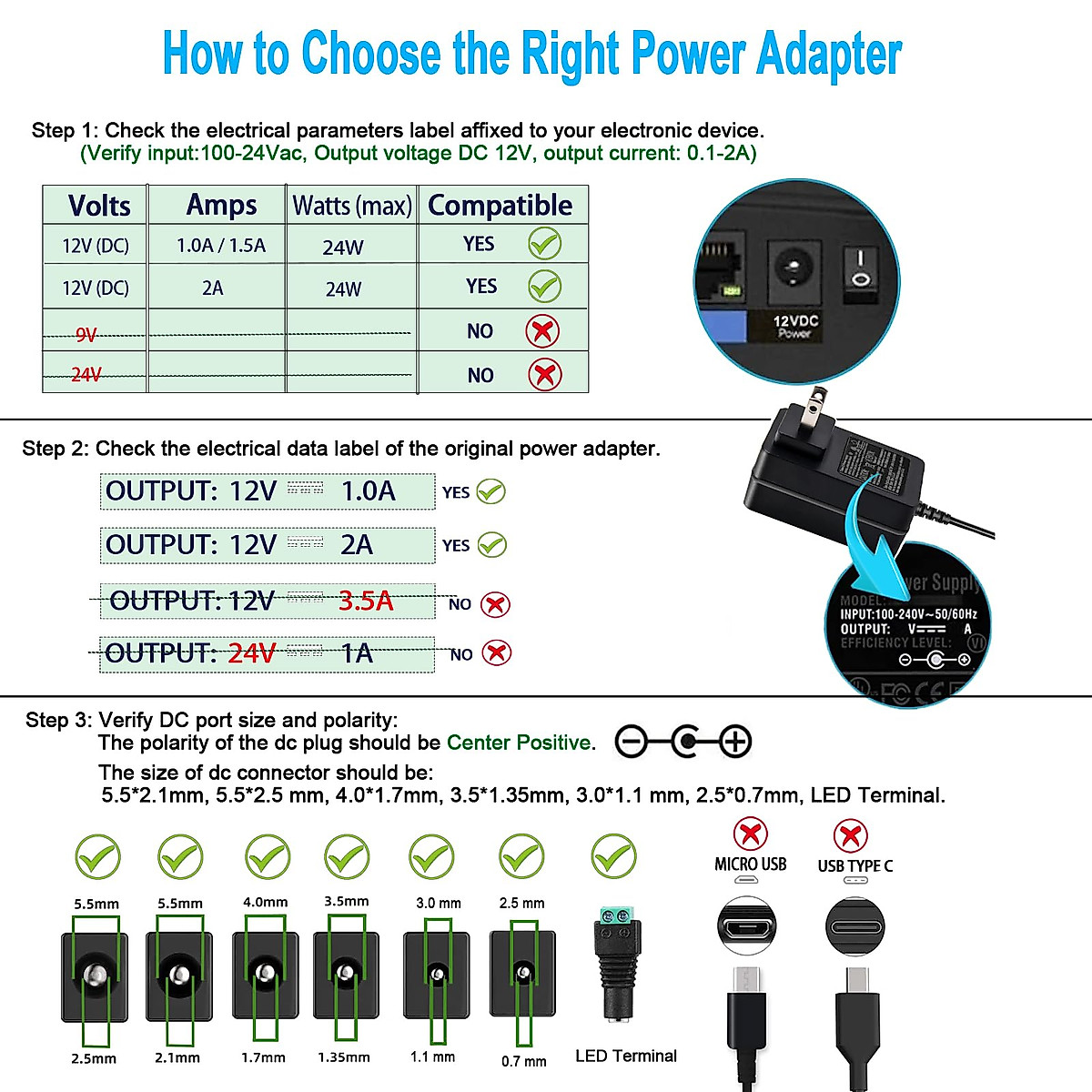 TKDY 12V 2A DC Power Supply AC Adapter Cord with Switch, 100-240Vac to DC 12 Volt 2 Amps 24W Transformer, for DC12V Yamaha Keyboard 12Vdc Record Player Massager LED Strip Lights Router Soundbar.