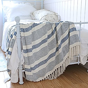 Boho Farmhouse Woven Navy and Ivory Chenille Throw Fringe 50 x 60 Blanket Blue and White Striped, Velvety Decorative Textured Throw, Soft Cozy Blanket with Tassels for Couch, Bed, Sofa, Office