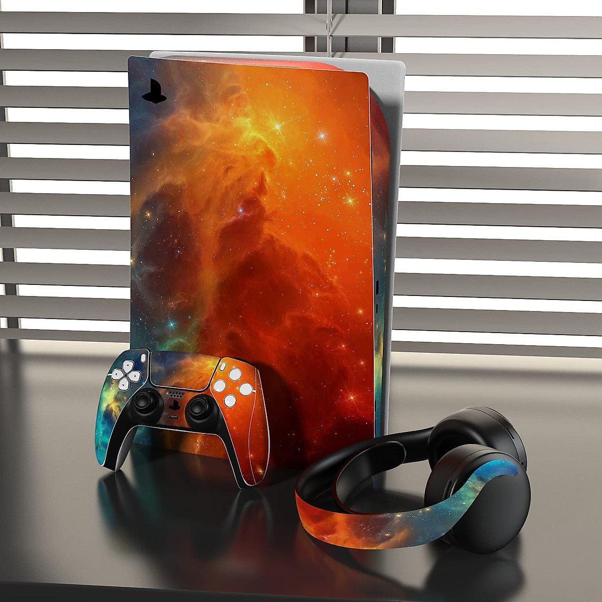 PlayVital Orange Star Universe Full Set Skin Decal for ps5 Console Disc Edition, Sticker Vinyl Decal Cover for ps5 Controller & Charging Station & Headset & Media Remote