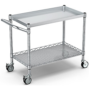 Leteuke 2 Tier Utility Cart with Wheels, NSF Certified 900LBS Capacity Heavy Duty Rolling Utility Carts with Handle Bar, Commercial Grade Metal Serving Storage Cart for Warehouse Garage Kitchen,Silver