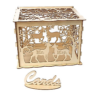 Amosfun Wooden Vinatge Wedding Card Box DIY Rustic Hollow Wedding Box with Lock Key and Rubber Card Box for Party Wedding Decorations for Reception(1 Key 12 Rubber Rings, Large Size)
