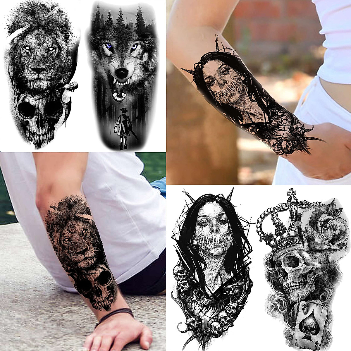 Rejaski 66 Sheets Black Eagle Dragon Temporary Tattoos For Men Women Thigh, Scary Halloween Tiger Lion Devil Skull Fake Tattoos For Adults, 3D Wolf Large Half Arm Sleeve Realistic Tatoo Forearm Teens