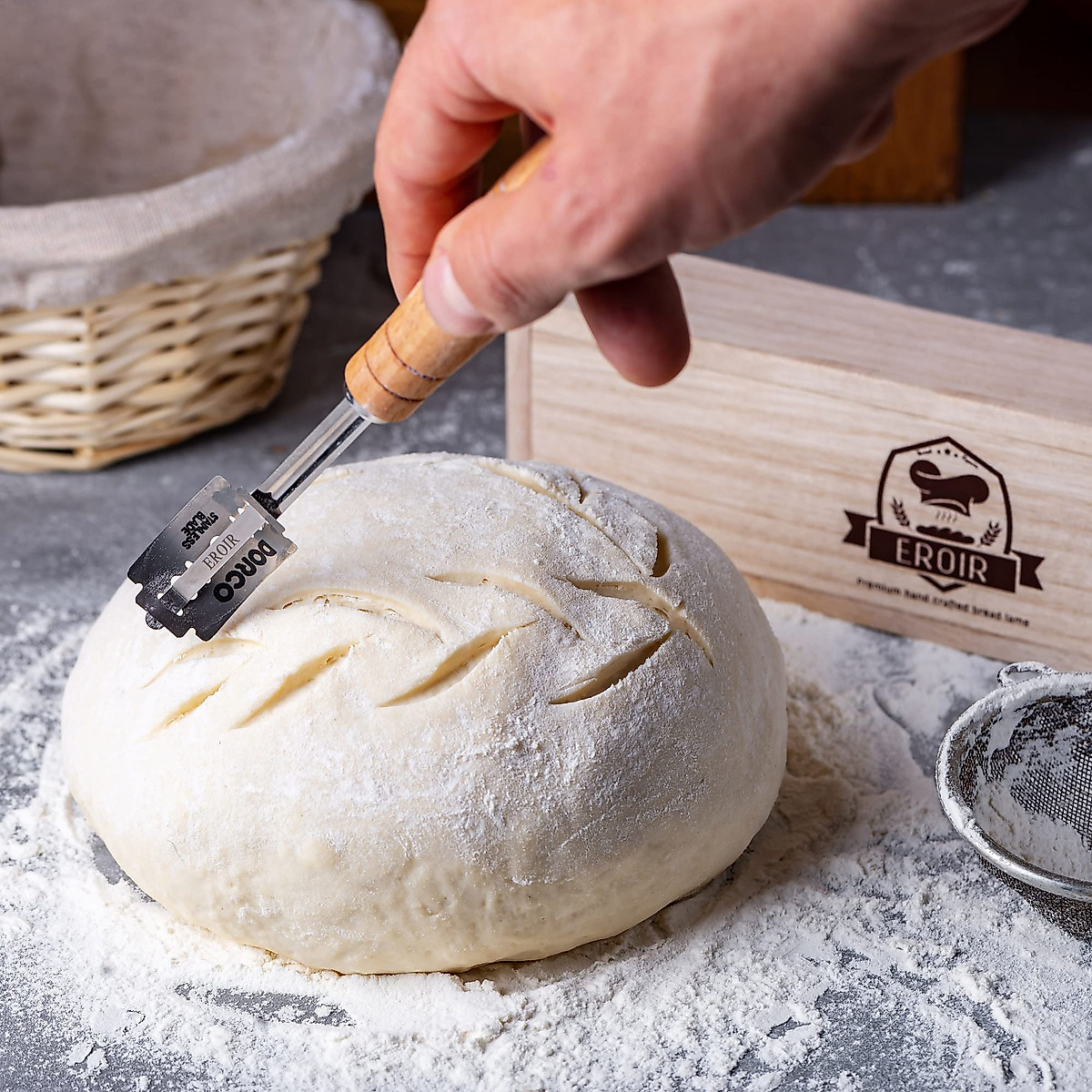 EROIR Hand Crafted Bread Lame Dough Scoring Tool in Wooden Storage Box for Sourdough Bread Baking - Dough Scoring Knife with 10 Extra Blades and a Protective Leather Cover