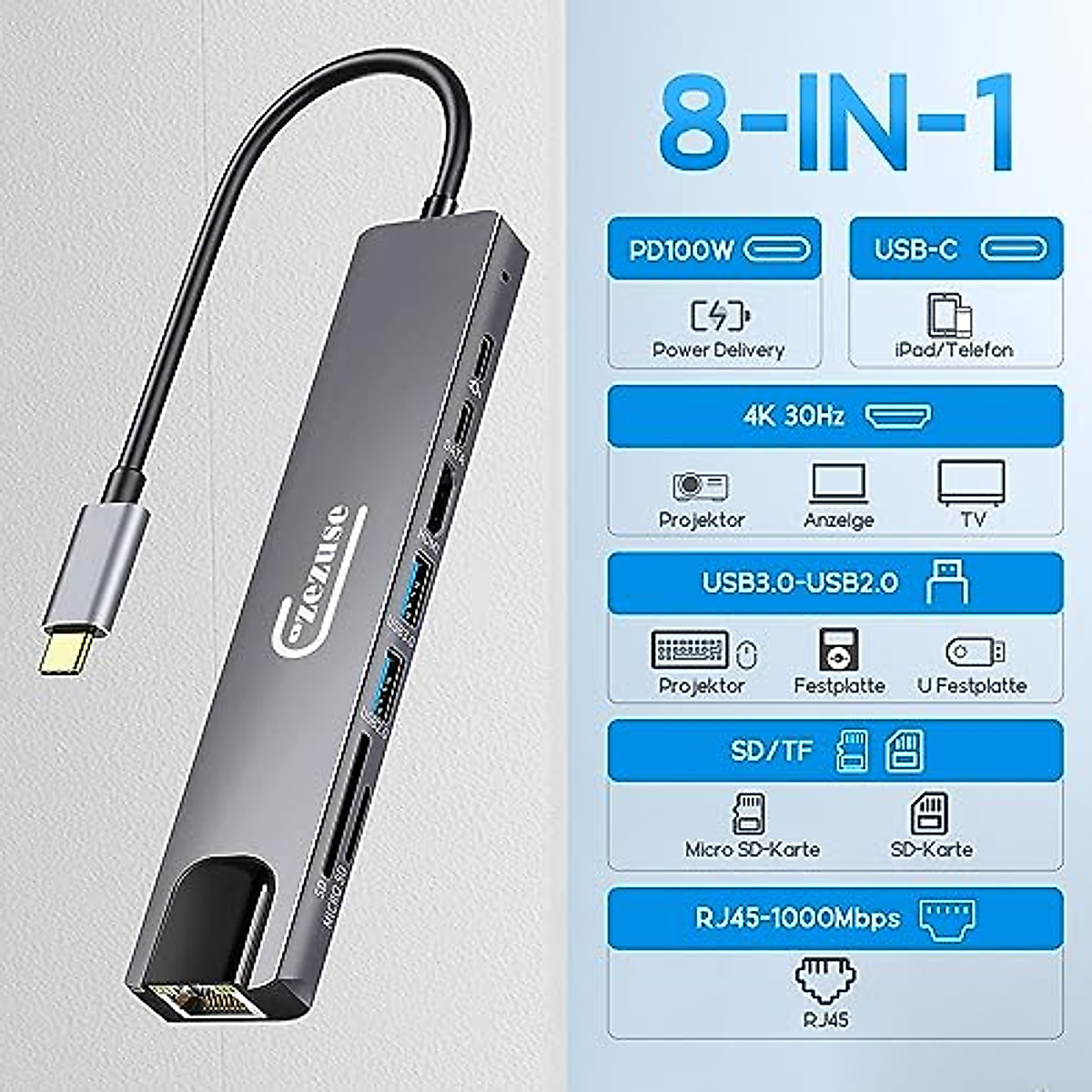 8 in 1 USB C Hub with 4K 30Hz HDMI Port,1 x USB-A 3.0/1 x USB-A 2.0 and 2 x 100W USB-C Port, Ethernet, SD/TF for Dell/Surface/HP/Lenovo Laptops
