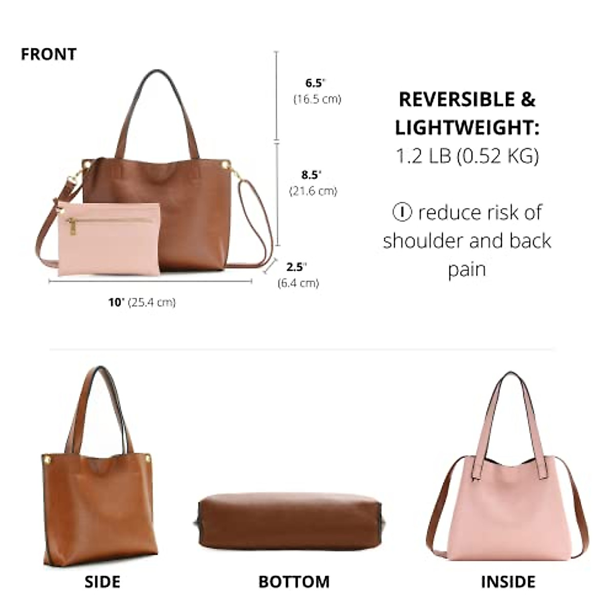 Scarleton Leather Tote Bag for Women, Womens Purses and Handbags, Reversible Tote Bags for Women, Purses for Women, H184220190405 - Brown/Pink