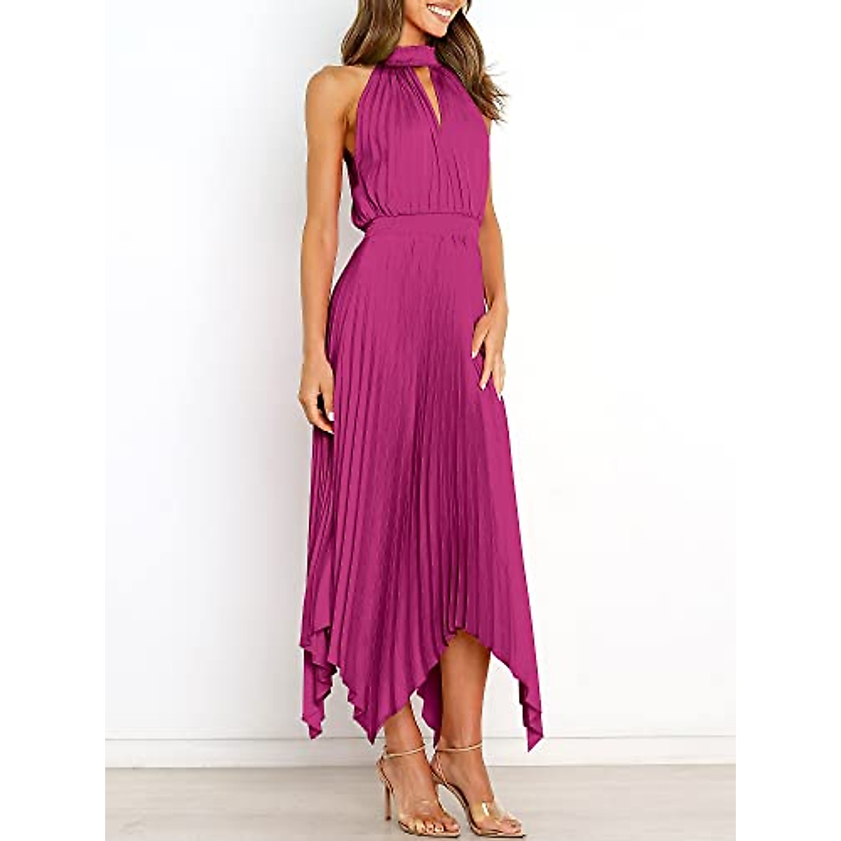 ANRABESS Women's Sleeveless Cutout Halter Neck Satin Formal Dress Smocked Pleated Asymmetric Party Cocktail Maxi Dress Elagant Wedding Guest Evening Graduation Prom Dress 752meihong-M Rose