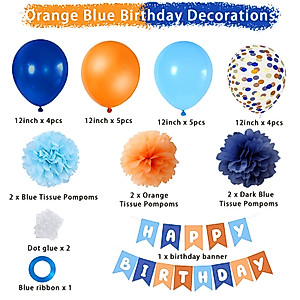 Rishafowg Blue and Orange Happy Birthday Party Decorations, Blue Themed Party Decorations with Banner Balloons and Pompoms Birthday Baby Shower Décor Supplies Kids Boys Girls