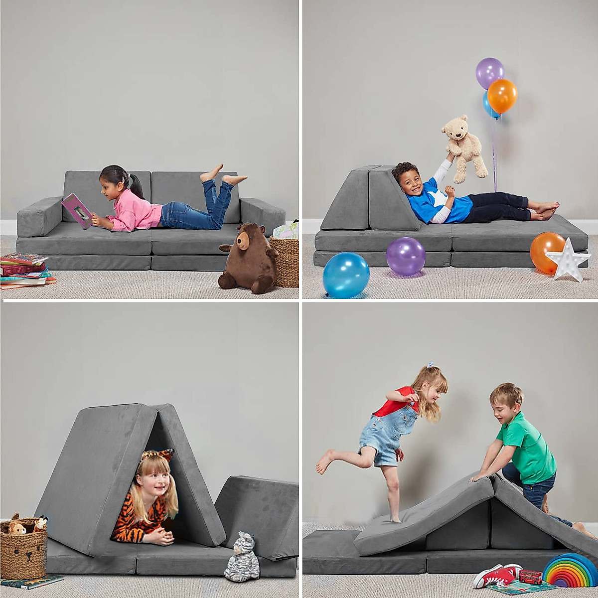Polar Aurora Kids Couch Sofa 6-Piece Fold Out Couch Play Set for Imaginative Kids,Modular Foam Play Couch,Toddler to Teen Bedroom Furniture,Girls and Boys Playroom Sofa M (Gray)