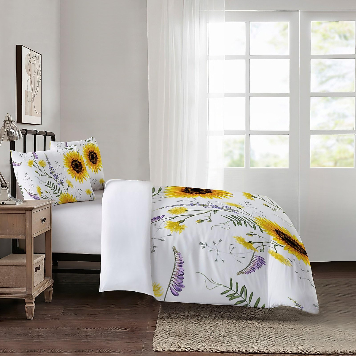 Tokokimo Sunflower Duvet Cover Queen Size White Floral Duvet Cover Set for Women Girl 1 Duvet Cover with 2 Pillowcases, Queen Size