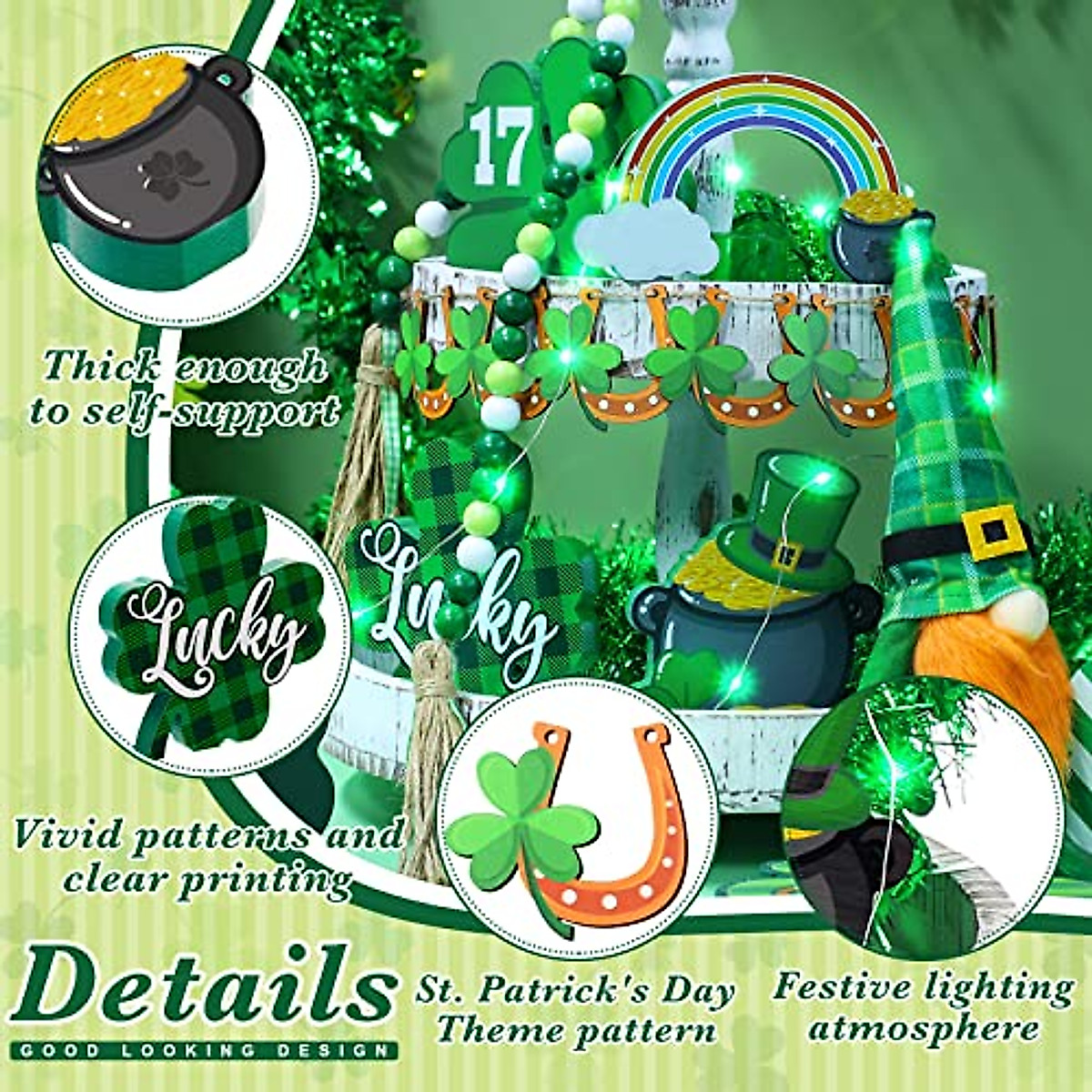 14 Pcs St. Patrick's Day Tiered Tray Decor with Green String Led Shamrock Rainbow Coin Pot Wood Sign Irish Gnome Plush and Wood Banner for St Patricks Day Home Table Party Kitchen Decor