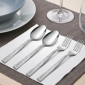 Hammered Silverware Set, HaWare 60-Piece Stainless Steel Flatware Set for 12, Modern Eating Utensils Tableware Cutlery Set for Kitchen Hotel Restaurant Party, Mirror Polished - Dishwasher Safe