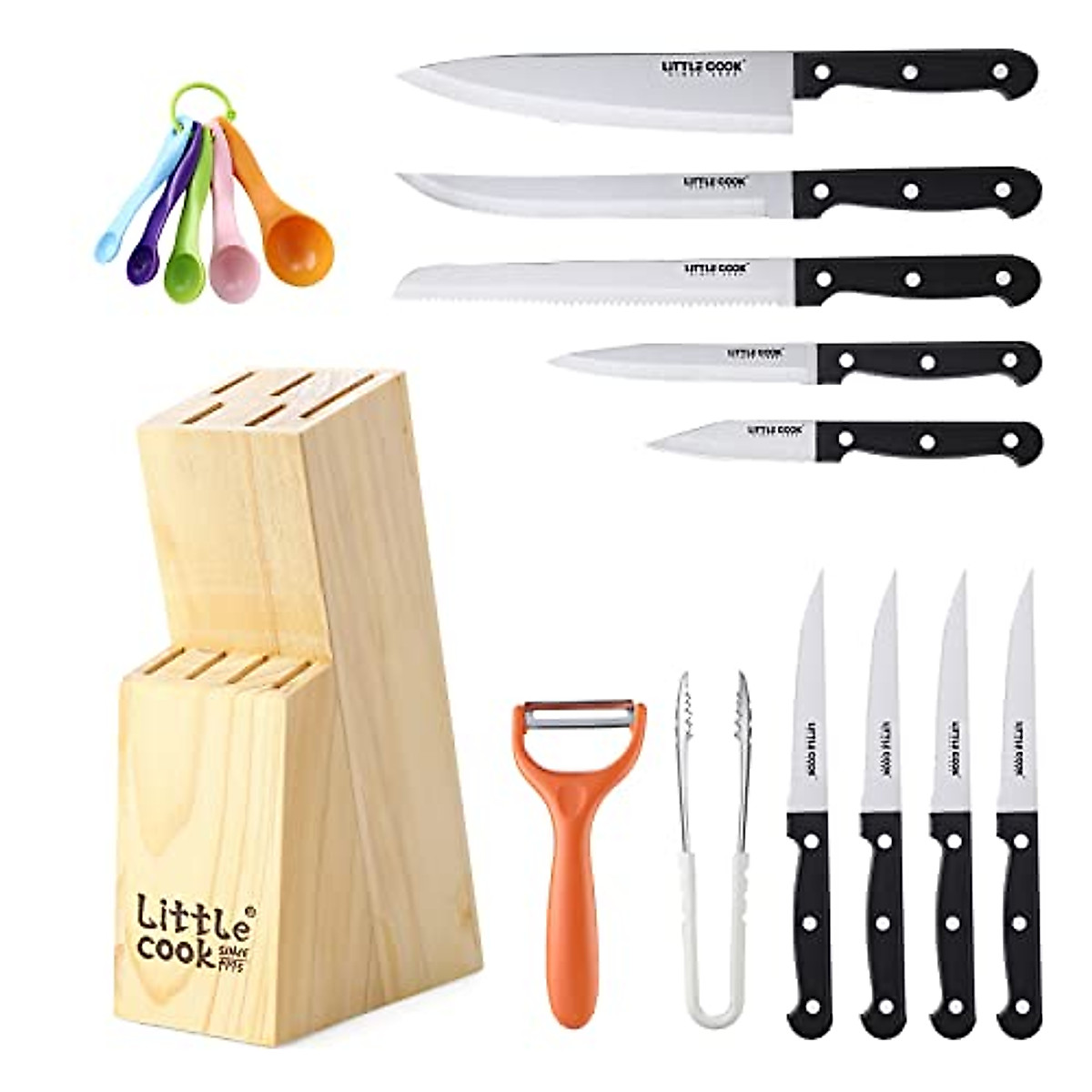 Knife Set, Little Cook 17 PCS Kitchen knife set, German Stainless Steel Chef Knife Set, Knife Sets for Kitchen with Block