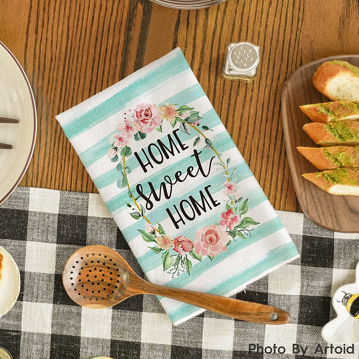 Artoid Mode Watercolor Stripes Kitchen Dish Towels Spring Quotes, 18 x 26 Inch Seasonal Spring Flower Wreath Ultra Absorbent Drying Cloth Tea Towels for Cooking Baking Set of 2