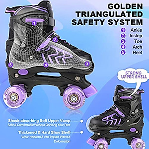 Kids Roller Skates for Girls Ages 6-12, Black&Purple 4 Sizes Adjustable Boys Roller Skates with Light up Wheels Medium Size