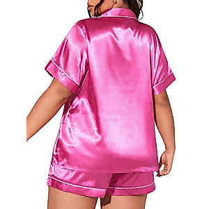 WDIRARA Women's Plus Sleepwear Satin Short Sleeve Shirt and Shorts Pajama Set Hot Pink 2XL