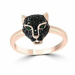 DRISHYA FASHION 1.80 Ct Round Cut Simulated Black Diamond & Green Emerald Panther Head Engagement Ring 14k Rose Gold Plated (6)