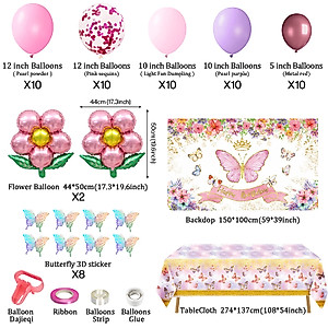 Butterfly Theme Party Decorations, Butterfly Birthday Decorations with Pink Purple Balloon Arch Kit Butterfly Photography Backdrop Banner and Tablecloth for Girls Women Birthday Party Decor