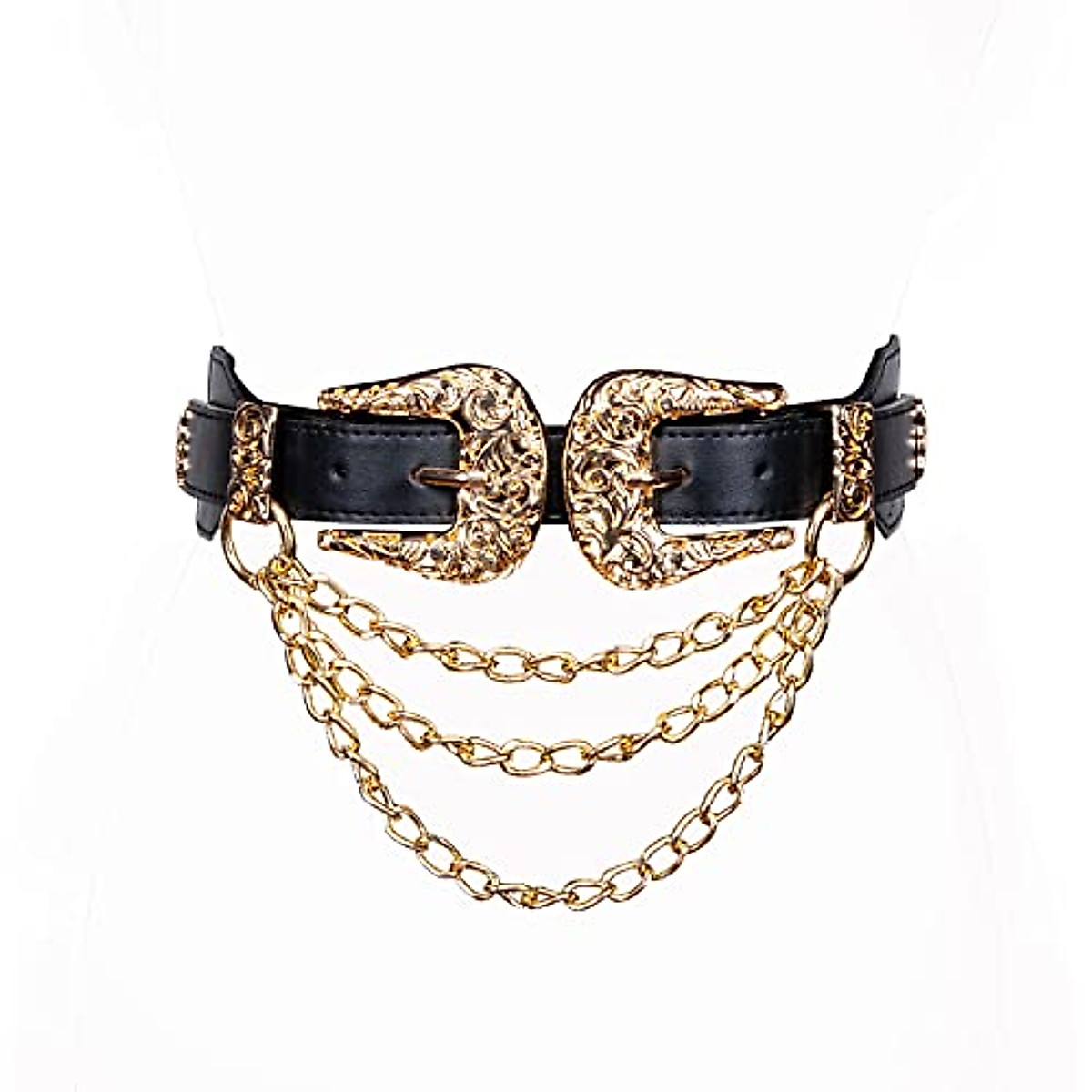 Barry.Wang Stretchy Belts Women Wide Elastic Cinch Waist Belt Designed Chain Black Snap-Button 2 Gold Buckle Halloween